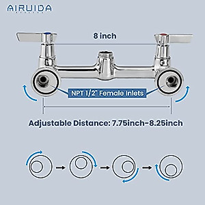 Airuida Chrome Polish Wall Mount Kitchen Sink Faucet, Wall Mounted Faucet 8 Inches Center, Wall Mount Commercial KinkFaucet, 2 Handle Restaurant Tap Swivel Spout Wall Mounted Utility Sink Faucets