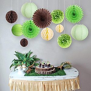 12Pcs Green and Brown Party Decorations Paper Tissue Pom Poms Honeycomb Balls Paper Fans Hanging Deco Green Lanterns for Jungle Safari Summer Birthday Wedding Party
