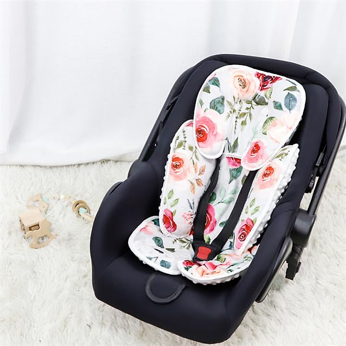 CARUILI 2-in-1 Infant Car Seat Insert for Newborn, Car Seat Head Support Baby Girls Boys, Extra Soft Preemie Carseat Head Support Cushion Pillow for Baby Car Seats, Strollers, Bouncers, Floral