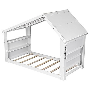 Bellemave Twin Floor Bed for Kids,Twin Size House Bed Frame with Roof, Window and Led Light Design,Wood Twin Montessori Floor Bed for Girls Boys, White