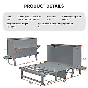 DEINPPA Murphy Bed Chest Full Size, Murphy Cube Cabinet Bed with Charging Station and Adjustable Shelves On Both Sides, for Small Spaces, Guest Room Lounge or Office, Apartment-Grey