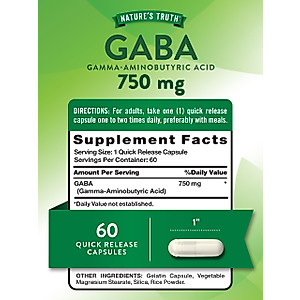 Nature's Truth GABA 750mg | 60 Capsules | Gamma Aminobutyric Acid Supplement | Non-GMO & Gluten Free Supplement