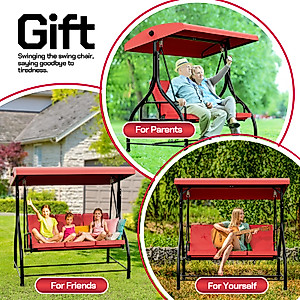 UEAKPIC 3 Person Outdoor Porch Swing with Adjustable Canopy, Patio Swings with Stand,2 in 1 Swing Bed for Adult,Thicken Cushions, Hanging Glider Porch Bench for Garden, Outside, Backyard - Burgundy
