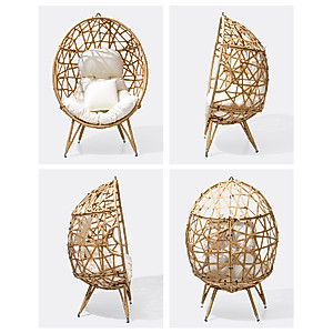 Crestlive Products Patio Wicker Egg Chair with Cushion and Pillow, Oversized Rattan Hanging Basket Lounge Chair with Legs, Teardrop Cuddle for Indoor Outdoor Bedroom Garden Deck Balcony (Beige)