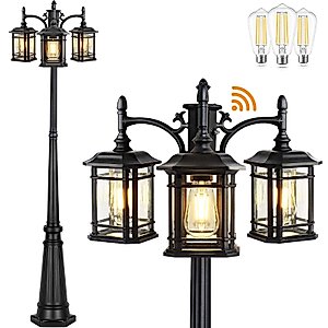 PARTPHONER Dusk to Dawn Outdoor Lamp Post Lights, Black Light Pole with Clear Glass Panels (3 LED Bulbs Included), 3-Head Hardwired Waterproof Outside Street Lights for Backyard Garden Driveway