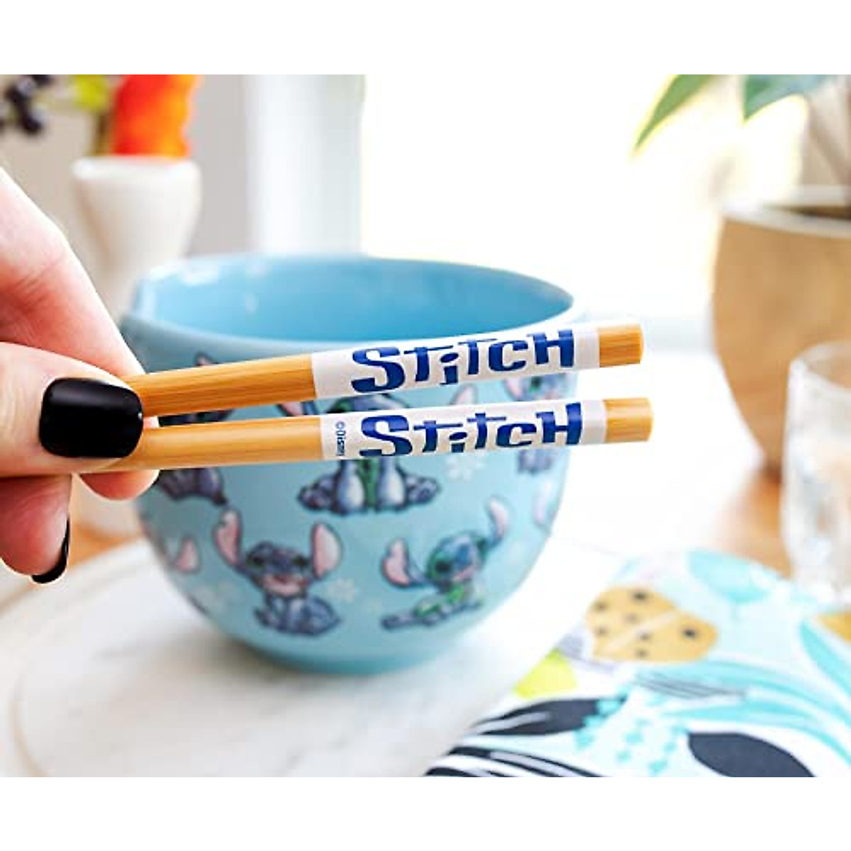 Disney Lilo & Stitch Japanese Ceramic Dinnerware Set | Includes 20-Ounce Ramen Noodle Bowl and Wooden Chopsticks