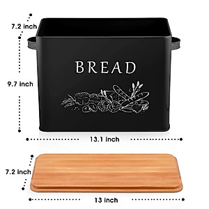 TeamFar Bread Box with Wooden Lid, 13.1” x 7.2” x 9.7” Metal Bread Container Storage Holder for Family Farmhouse Kitchen Countertop, Powder-Coated & Healthy, Large Capacity & Classic Pattern (Black)