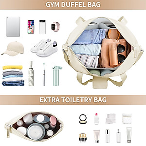 Gym Bag for Women, Sports Travel Duffel Bag with USB Charging Port, Weekender Overnight Bag with Wet Pocket and Shoes Compartment for Women Girls Travel, Gym, Yoga, School (Off White)