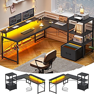 SEDETA L Shaped Gaming Desk, 51" Computer Desk with Storage Shelves, Gamer Desk with Power Outlets & LED Lights, Fabric Drawer, Monitor Stand and Hooks, Black