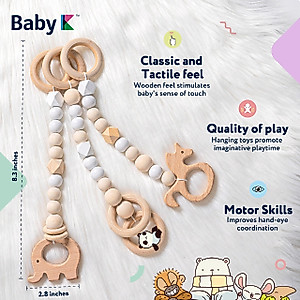 BABY K Wooden Baby Play Gym (with 7 Toys) - Foldable Wooden Play Gym with Wooden and Monochrome Hanging Toys for Baby Gym - Natural Wooden Surface - Cloth Cards & Mirror Toys for Activity Gym