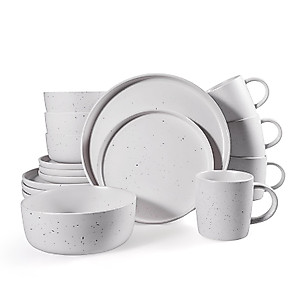 MTLWTL Dinnerware Sets, Dish Set for 4, 16 pieces Ceramic Plates and Bowls Set with Mugs, Microwave, Oven & Dishwasher Safe, White Speckled