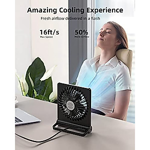 Koonie USB Fan, Strong Wind Ultra Quiet Small Desk Fan 220° Tilt Folding 3 Speeds Adjustable USB-C Powered Personal Fan for Home Office Desktop Black