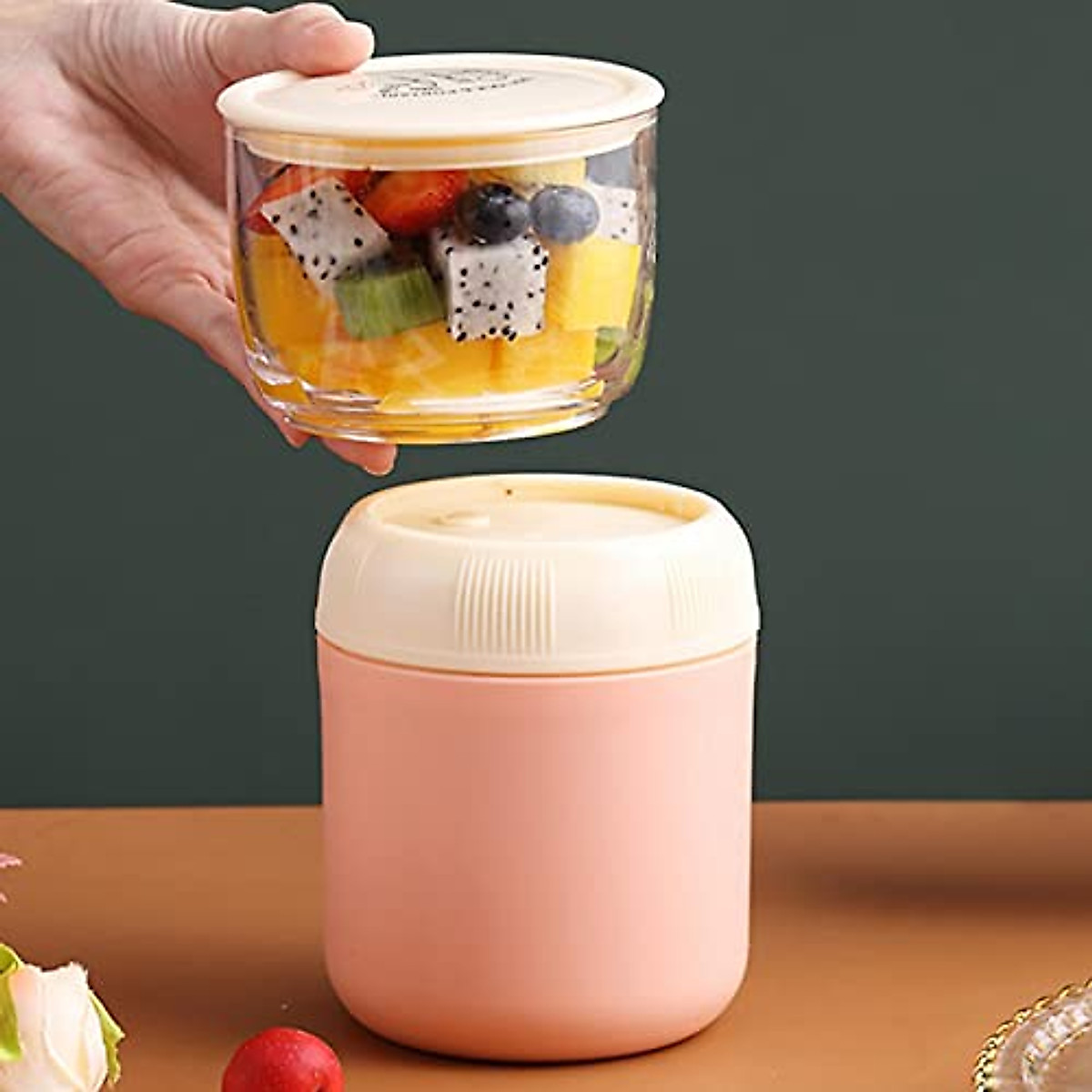 Gralara Lunch Pot Yogurt Container 2 Tier Spoon Portable Detachable Stainless Steel for Milk Salad Soup Yogurt Adults, Pink