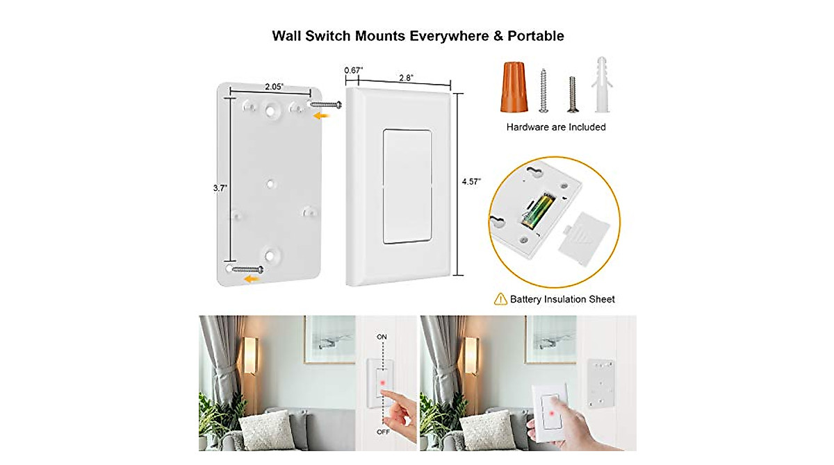 Suraielec 3-Way Wireless Light Switch Kit - No Wiring, RF Range 100ft