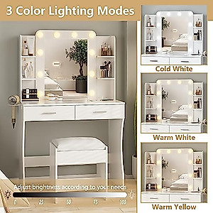 Vanity Desk with Lights,Makeup Vanity with Power Strip,Dressing Table Set with 2 Large Drawers,Vanity Mirror 3 Lighting Color Adjustable,White