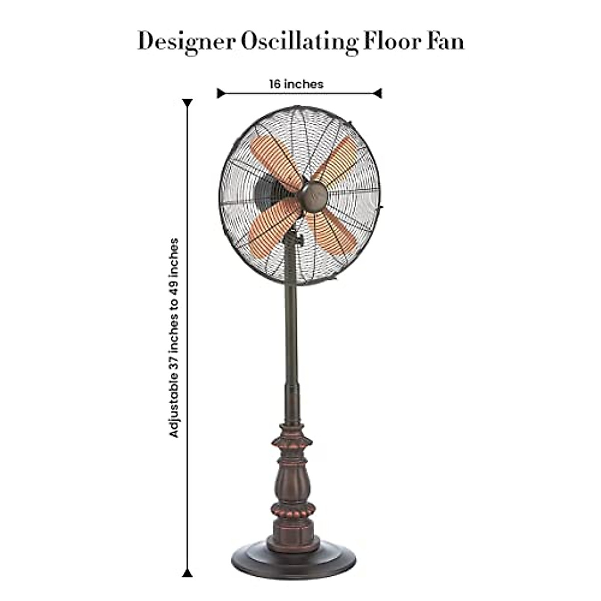 DecoBREEZE Pedestal Standing Fan, 3 Speed Oscillating Fan with Adjustable Height, Kipling, Antique Fan, 16 inches