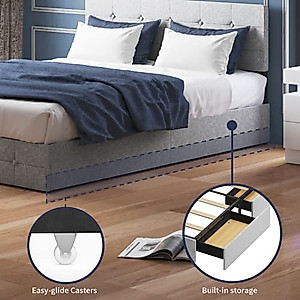 ZAFLY Platform King Bed Frame with 4 Storage Drawers,King Size Bed Frame and Linen Fabric Headboard,Square Stitched Button Tufted Design,Wooden Slats Support,No Box Spring Needed,Light Grey, 21023-K