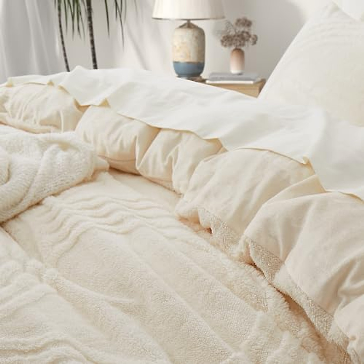 Oli Anderson Fluffy Duvet Cover Set Queen Size, 3 Pieces Tufted Plush Shaggy Comforter Cover, Ultra Soft Warm Fuzzy Faux Fur Bedding Sets, Ivory (1 Duvet Cover + 2 Pillowcases)