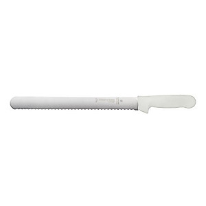 Dexter Russell Sani-Safe (13463) Roast Slicer, 12", scalloped edge, stain-free, high-carbon steel blade, textured, white polypropylene handle, NSF Certified, Perfect Cutlery Packaging, S140-12SC-PCP