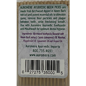 Auromere Ayurvedic Neem Toothpicks - Vegan, Natural, Non GMO, Made from Birchwood (100 Count), 2 Pack