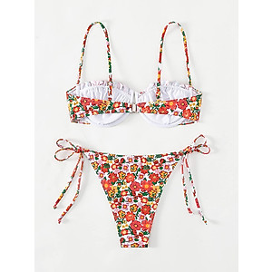 WDIRARA Women's Floral Print Underwired Tie Side 2 Piece Bikini Set Cute Swimsuit Red & Green Multi L
