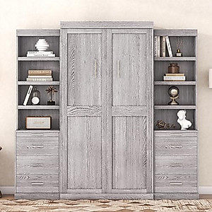 Prohon Twin Vertical Shelf Size Chest with Storage Shelves and Drawers, Saving Wall Canbe Folded into a Cabinet, Strong Wood Slat Support, Versatile Murphy Small Spaces Design Platform Bed, Gray