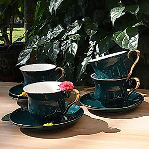 Jomop gothic style ceramics tea cup and saucer set gold trim set of 4 (Dark Green)