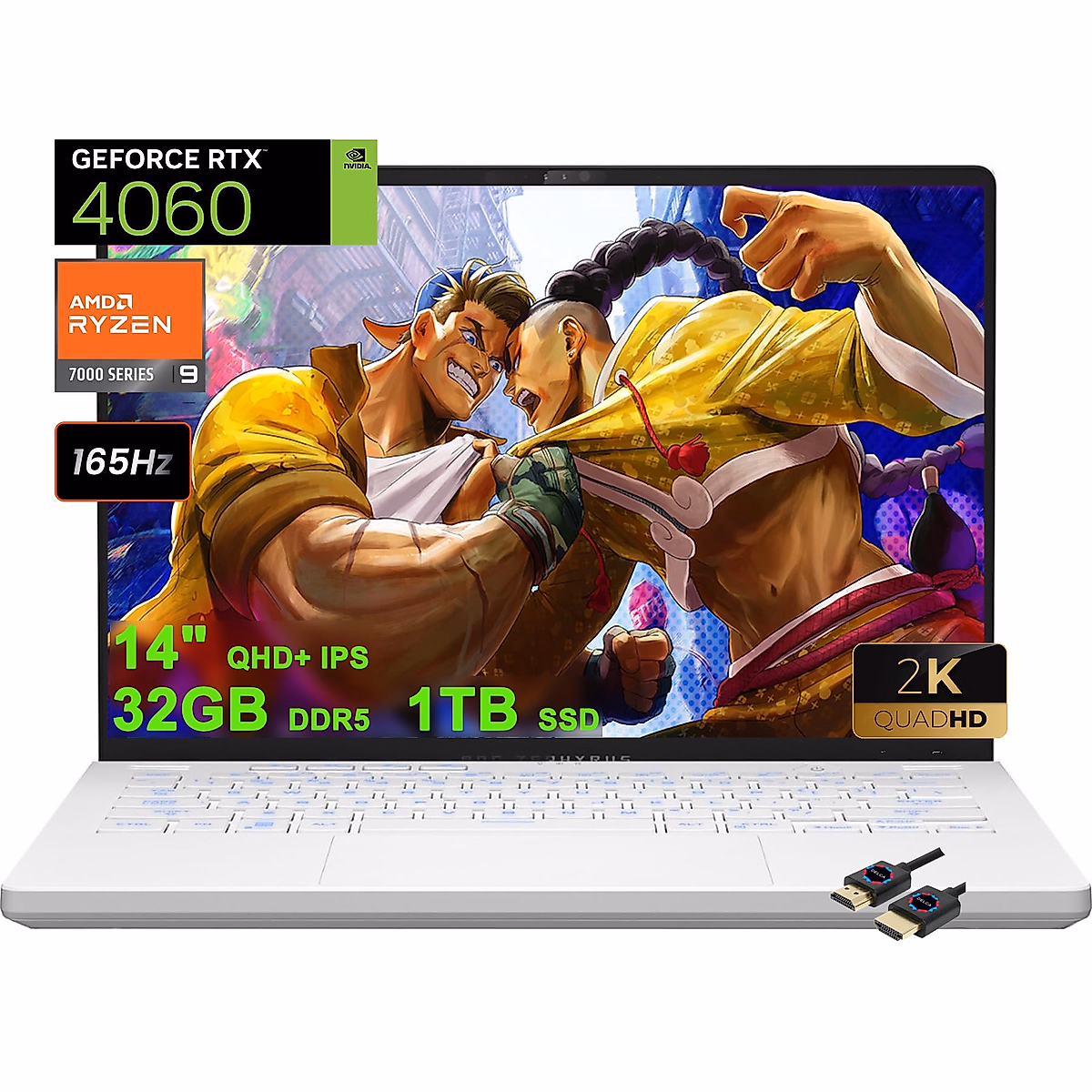 ASUS ROG Zephyrus G14 Gaming Laptop | 14" QHD+ 165Hz 500nits | AMD 8-Core Zen4 Ryzen 9 7940HS (>i9-12900H) | 32GB DDR5 1TB SSD | GeForce RTX 4060 8GB | Backlit Fast Charging Win11 White + HDMI Cable