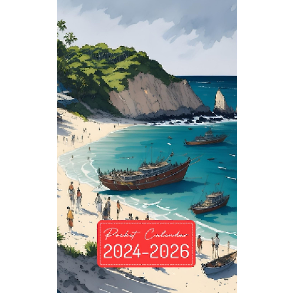 Pocket Calendar 2024-2026: Two-Year Monthly Planner for Purse , 36 Months from January 2024 to December 2026 | Beach scenario | Boats | People passing by