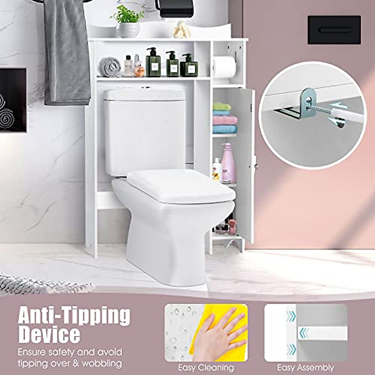 Hysache Over-The-Toilet Storage Organizer, Home Bathroom Space Saver w/ 2 Long Open Shelves, 1-Door Cabinet, Adjustable Shelf, Anti-Toppling Storage Rack, Freestanding Organizer Toilet Rack Stand