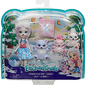 Enchantimals Family Set with Pristina Polar Bear Small Doll & 3 Animal Sibling Figures, Snowy Valley Toy Collection