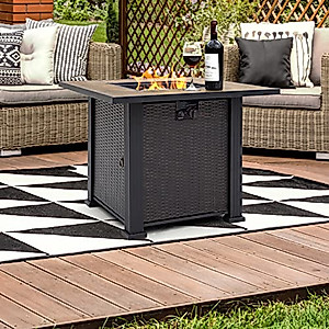 Nuu Garden 30 Inch 40,000 BTU Propane Gas Fire Pit Table, Steel and Wicker Square Outdoor Fire Table with Lid, Lava Rocks, ETL Certification, for Balcony, Patio, Garden, Party, Black