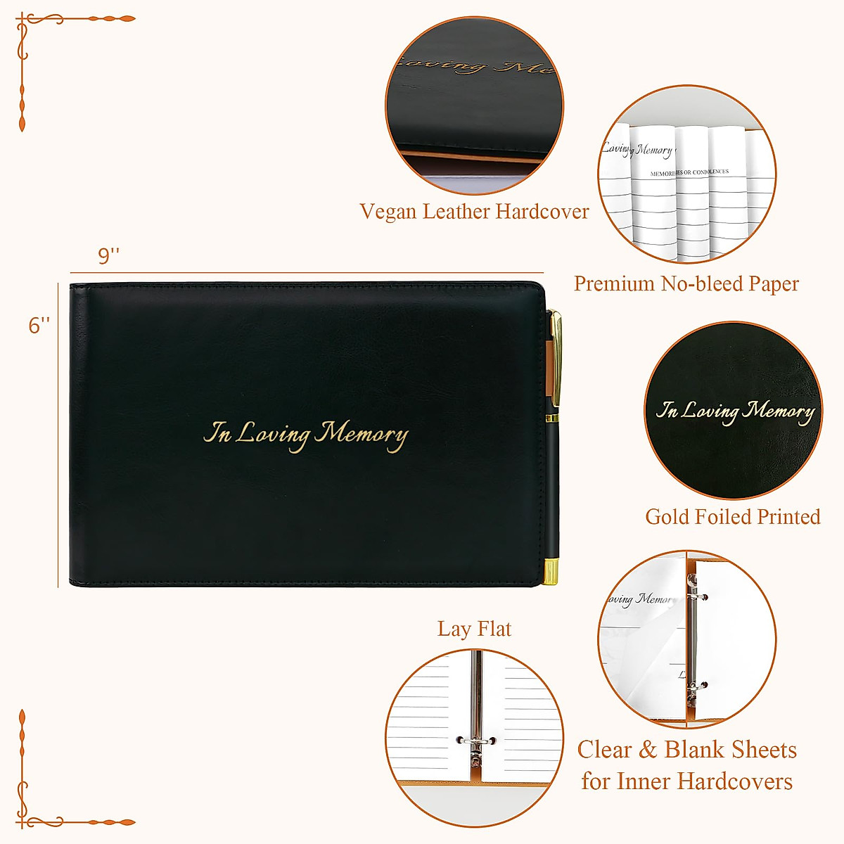 Funeral Guest Book for Memorial Service, Black Leather Celebration of Life Guest Book with Pen, 120 Pages Loose-leaf In Loving Memory Funeral Registry Sign in Book for Mourning Honoring Loved Ones