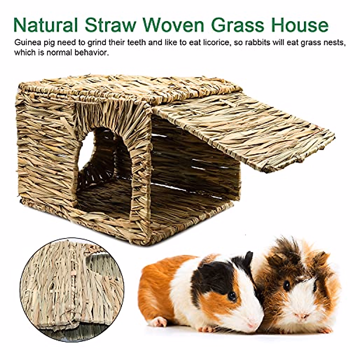BWOGUE Large Grass House for Guinea Pigs,Hand Woven Straw Hut Foldable Small Animal Play Hideaway Bed with Double Openings Playhouse for Bunny Guinea Pig Chinchilla Ferret