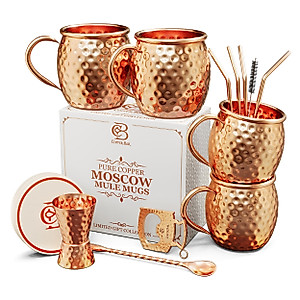 Moscow Mule Copper Mugs | Set of 4 Hammered Cups | 100% HANDCRAFTED Pure Solid Copper | Gift Set With Cocktail Straws | Shot Glass | Coasters | Copper Stirrer & Beer opener By Copper-Bar