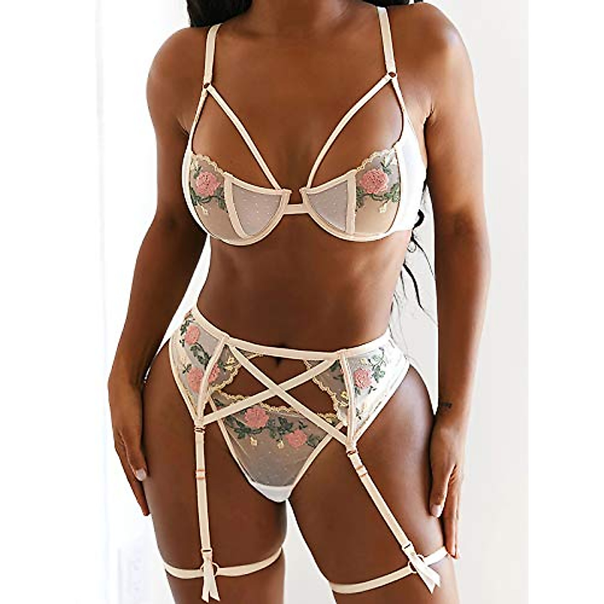 Women's Floral Embroidered Garter Stockings Sexy Lingerie Set with Garter Belts Strap Bra and Panty Lingerie Set White 3X-Large