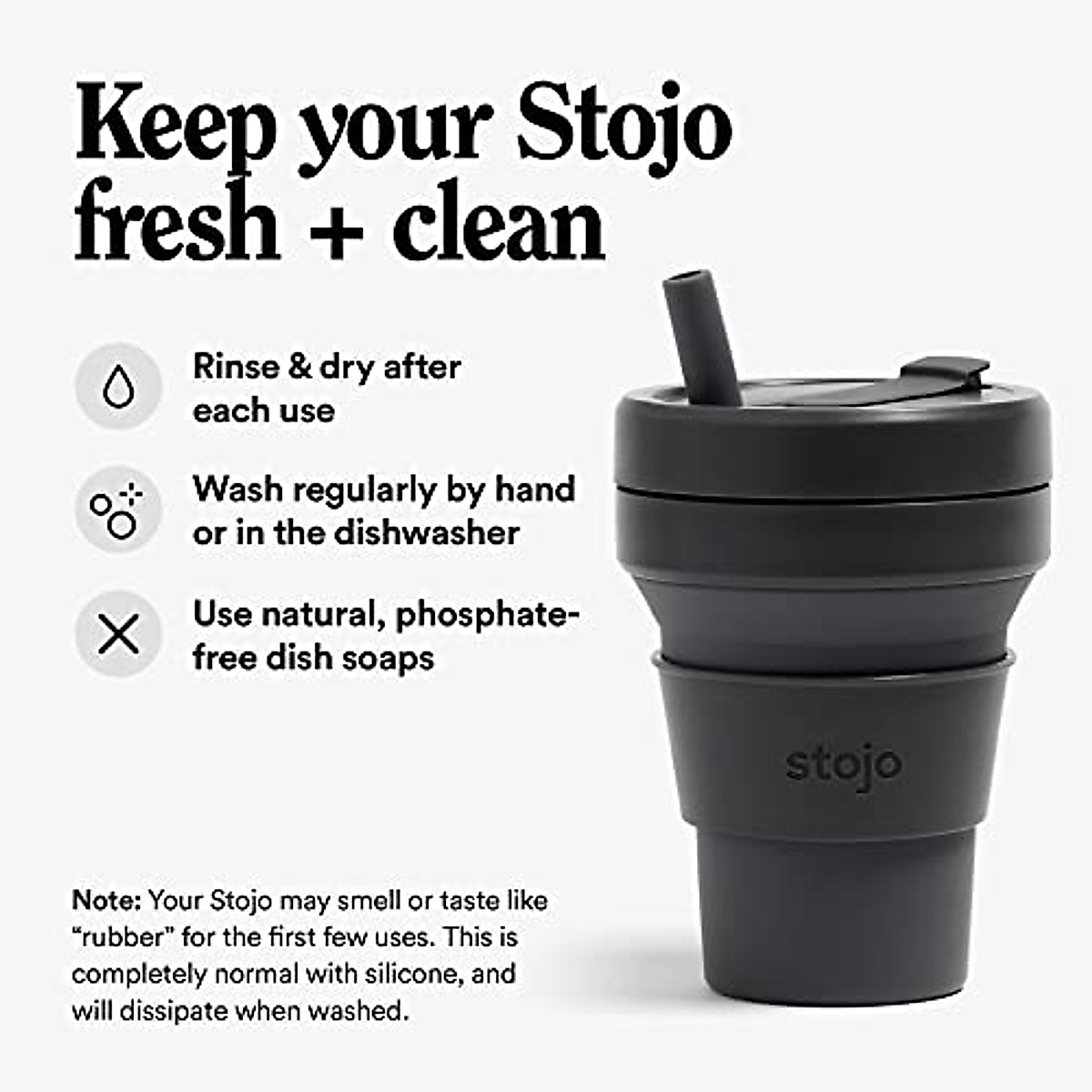 STOJO Collapsible Travel Cup With Straw - Carbon, 16oz / 470ml - Reusable To-Go Pocket Size Silicone Bottle for Hot and Cold Drinks - Perfect for Camping and Hiking - Microwave & Dishwasher Safe