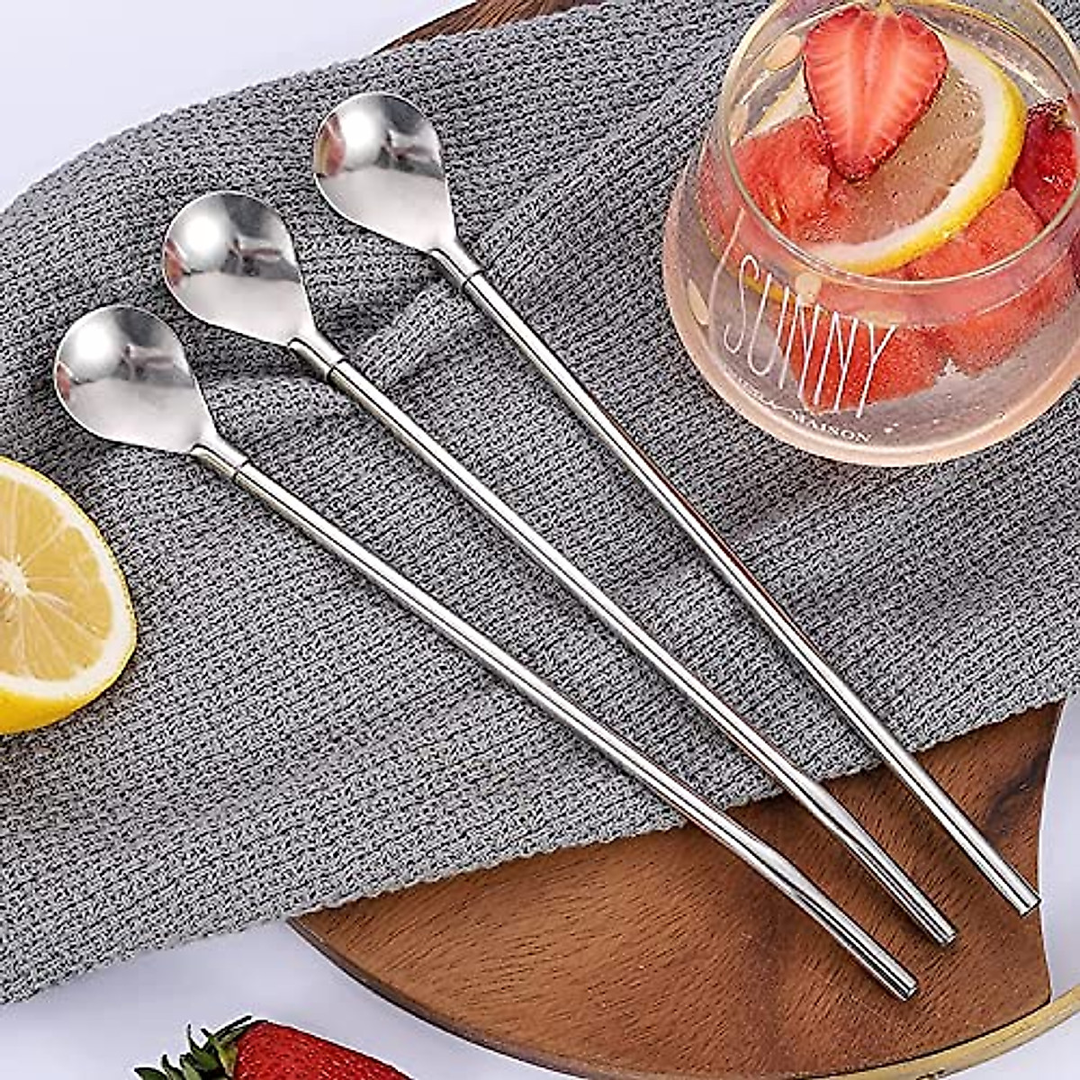 14Pcs Straws Spoon, BetterJonny Stainless Steel Drinking Spoon Straws 2 in 1 Long Handle Reusable Straws Spoon with 2 Cleaning Brushes for Latte Macchiato (7 Color)
