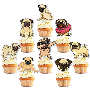 50 Pieces Pug Cupcake Toppers Pet Pugs Dog Cake Decoration Cute Pet Dog Pug Themed Stickers (2 in 1) Kids Boy Girl Happy Birthday Party Supplies