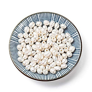 Beadthoven 100pcs 7-10mm Natural Oval Freshwater Pearl Beads 1.8mm Big Large Hole Rice Shape Pearls for Leather Cord Beading Jewelry Making DIY Crafts (White)