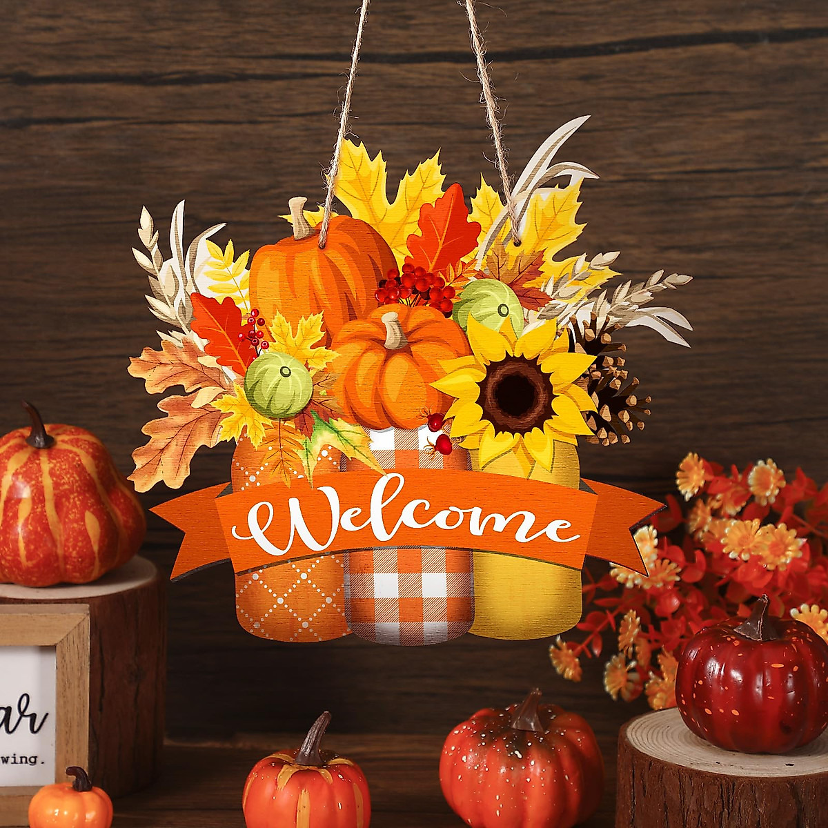 Thyle 2 Pcs Welcome Fall Thanksgiving Front Door Decor Hello Fall Truck Door Signs Pumpkin Maple Leaf Sunflower Door Hanging Fall Wall Decoration