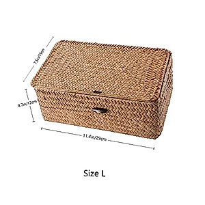 Rattan Storage Basket Hand-Woven Storage Basket Multipurpose Container with Lid for Desktop Home Decor (L)
