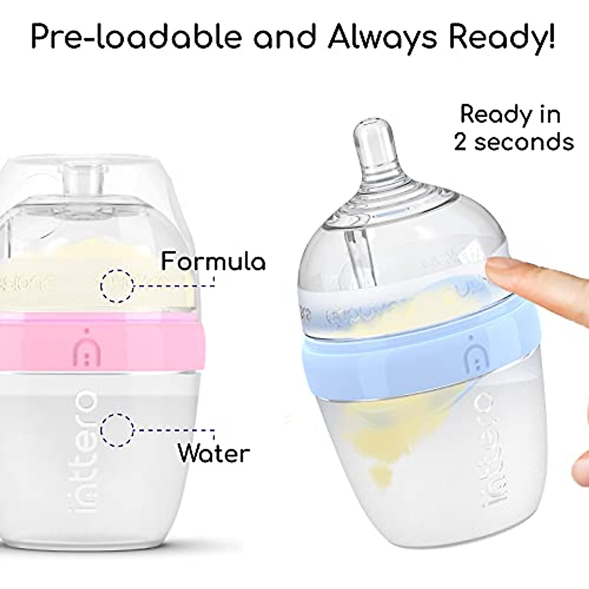 Inttero Preload/Formula Mixing Baby Bottle with Anti Colic & Air-Free System - 6oz / 2-Pack (Cute Blue)