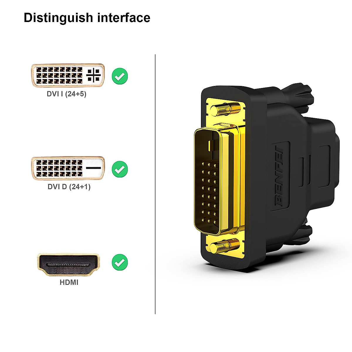 BENFEI DVI to HDMI, Bidirectional DVI (DVI-D) to HDMI Male to Female Adapter with Gold-Plated Cord 2 Pack