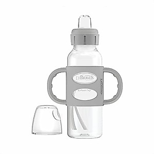 Dr. Brown's Milestones Narrow Sippy Spout Bottle with 100% Silicone Handles, Easy-Grip Handles with Soft Sippy Spout, 8oz/250mL, Light-Blue & Gray, 2-Pack, 6m+