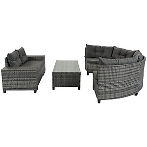 YSWH 8-Piece Half Moon Outdoor Sectional Furniture Cushioned Sofa Set, All-Weather PE Wicker Patio Curved Conversation Sets with Rectangular Coffee Table and Side Tables
