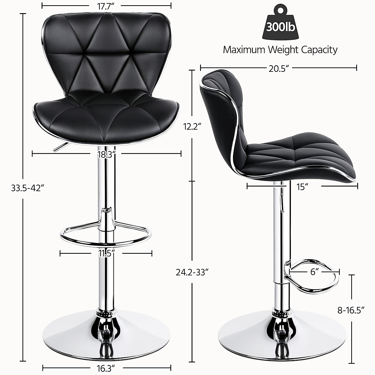 Yaheetech Bar Stools Set of 2, Adjustable PU Leather Swivel Barstools with Shell Back, Bar Chairs with Footrest for Home Kitchen, Black