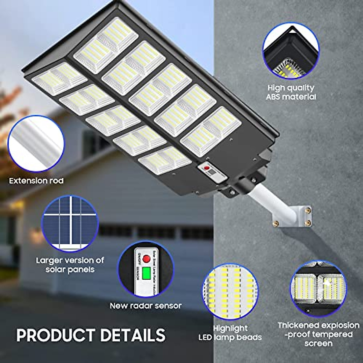 1000W Solar Street Lights Outdoor Solar Powered Dusk to Dawn Parking Lot Light with Motion Sensor and Remote Control for Backyard