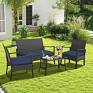 Tangkula 4 Pieces Outdoor Conversation Set, Patio PE Wicker Sofa with Tempered Glass Coffee Table, Soft Seat Cushions Included, Modern Rattan Chair Table Set for Porch, Backyard (1, Navy)