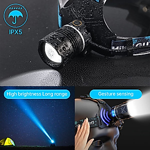 LED Rechargeable Headlamp, Headlight 90000 Lumens Super Bright with 6 Modes & IPX5 Warning Light, Motion Sensor Adjustable Headband Head Lamp, 60° for Adult Outdoor Camping Running Cycling
